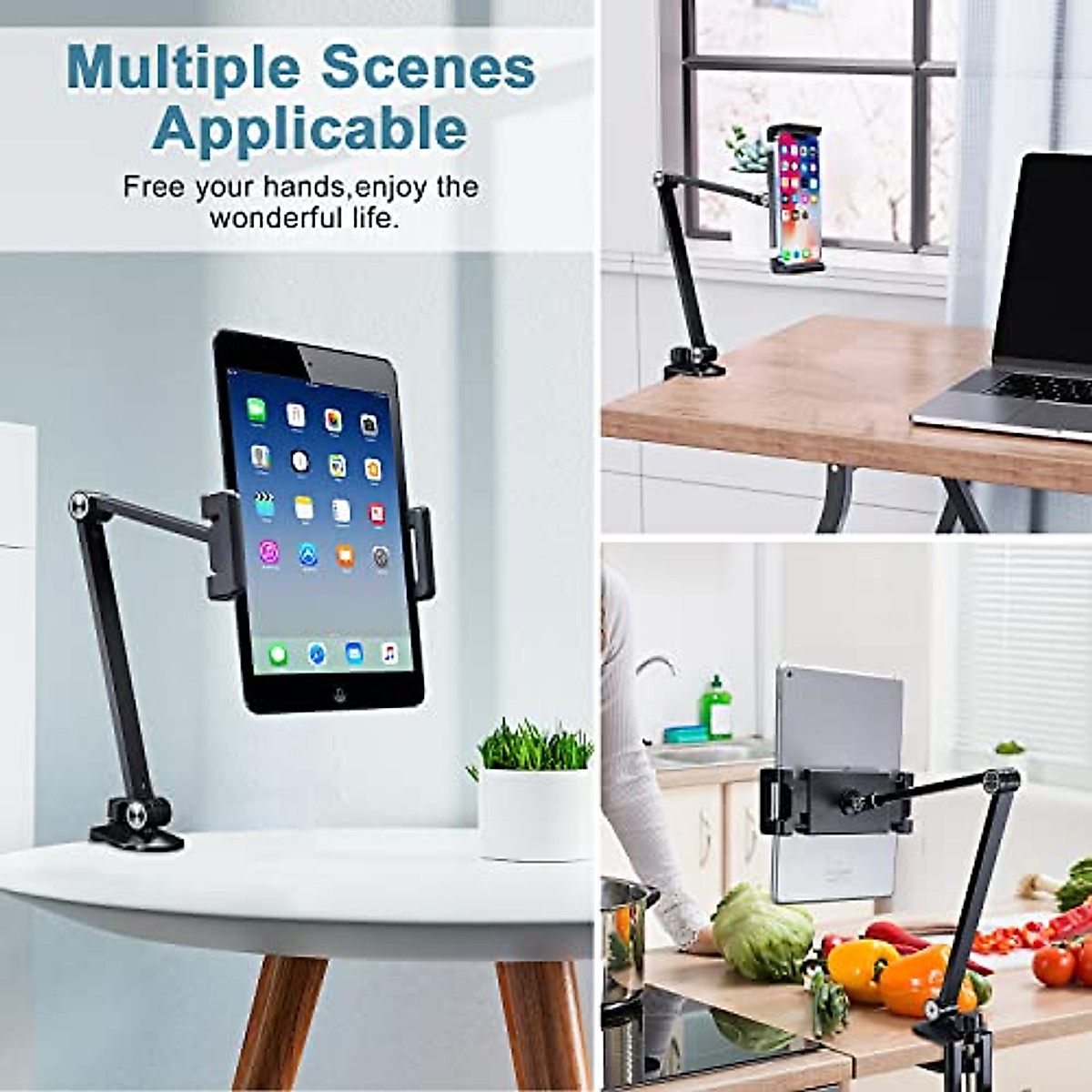 ZEXMTE Tablet Stand Holder, Adjustable Desktop Tablet Holder Mount Foldable Phone Stand with 360° Swivel Phone Clamp Mount Holder,Stable Tablet Stand for iPad 4.7-12.9" Tablets/Phones-Black