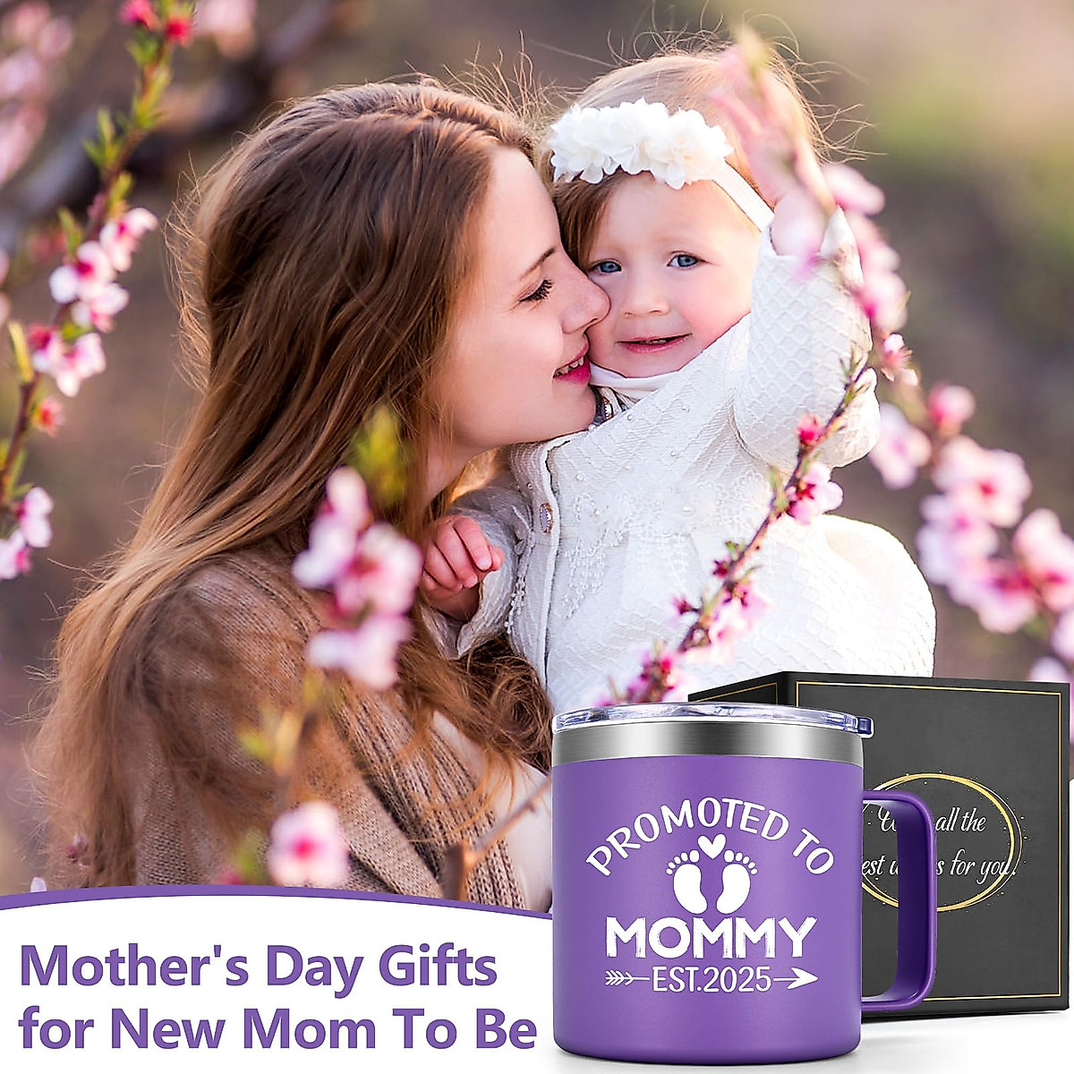 GINGPROUS New Mom Gifts, 14oz Promoted To Mommy Est 2025 Insulated Stainless Steel Coffee Mug, Mothers Day Gifts for New Mama To Be, First Time Mom, Mother, Mommy Pregnancy, Baby Shower, Purple