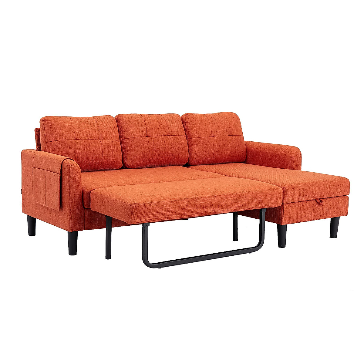 Eafurn 3 Seater Sectional Chaise Lounge and Storage,L Shaped Convertible Pull Out Bed,Comfy Velvet Upholstery Corner Sofa & Couches Button Tufted Living Room Furniture Sets, Orange 72.44"