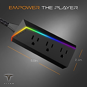 Titan 3-Outlet Power Strip, 4 ft Braided Extension Cord, LED Light Strip with Full Spectrum Color-Select, Compatible with Power Gaming PC, Laptop, Computer Setup, PS4, PS5, Xbox, Black, 60046