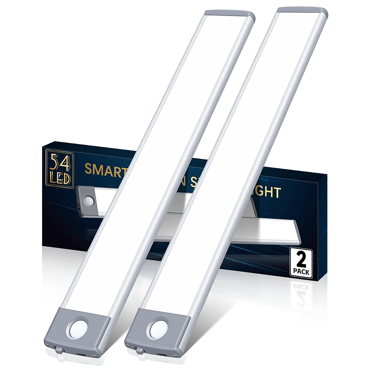 PRIORARE Motion Sensor Closet Light 54 LED Under Cabinet Night Lighting, 2500mAh Rechargeable Ultra Thin Magnetic Closet Lighting, 350lm Led Wireless Lights for Kitchen, Bedroom(White, 2Pack)