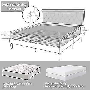 SHA CERLIN Queen Platform Bed Frame with Upholstered Headboard and Wood Slats, Fabric Rhombic Button Tufted Adjustable Headboard, No Box Spring Needed