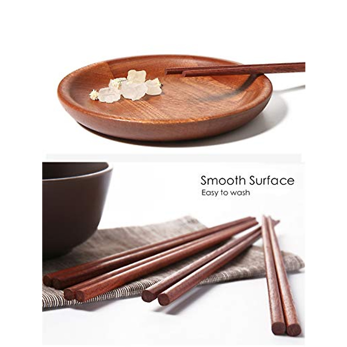 Chopsticks Reusable Chinese Wooden Chopsticks Dishwasher Safe Chopstick,Pack of 10 Natural Health for Cooking Eating,Korean & Japaness Style,9.8 inch Long,Brown