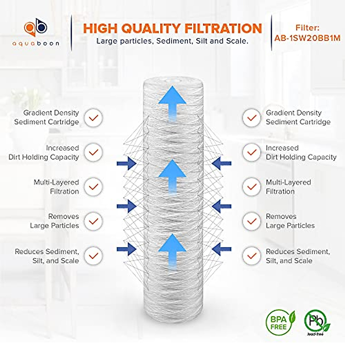 Aquaboon 1 Micron 20" ч 4.5" String Wound Sediment Water Filter Cartridge | Whole House Sediment Filtration | Compatible with PC40-20, WP1BB20P, 355222-45, WPP-45200-01, WPP-45200-01, 84650, 1-Pack