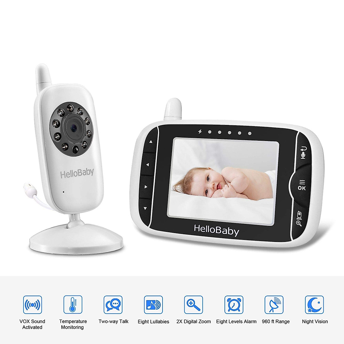HelloBaby Video Baby Monitor with Camera and Audio - Infrared Night Vision | Two-Way Talk | Room Temperature | Lullabies | Long Range and High Capacity Battery