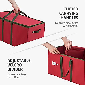 ZOBER Christmas Ornament Storage Box - Stores 80 Ornaments W/Dividers - Christmas Ornament, Figurines, and Accessory Storage Containers - Side Pocket, Card Slot, Durable - Red