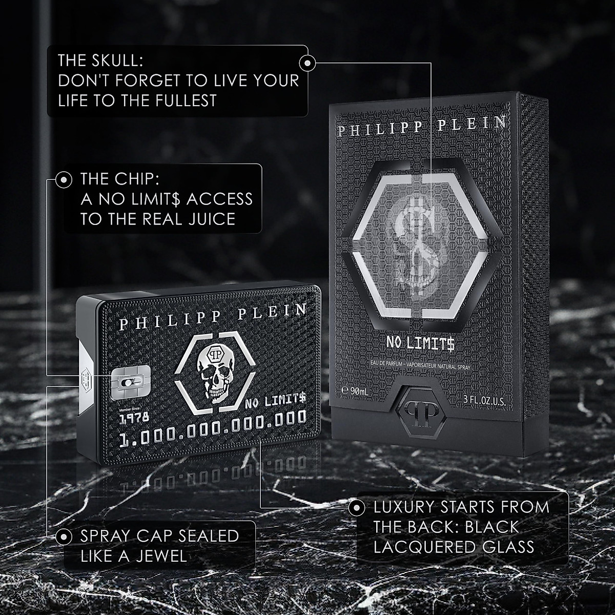 Philipp Plein – Eau de Parfum No Limits 50 ml – Parfum Homme – Notes Orientales et Boisées – Un Tatouage Olfactif Indélébile et Sensuel – Boisé Oriental – Flacon en Verre Laqué Noir