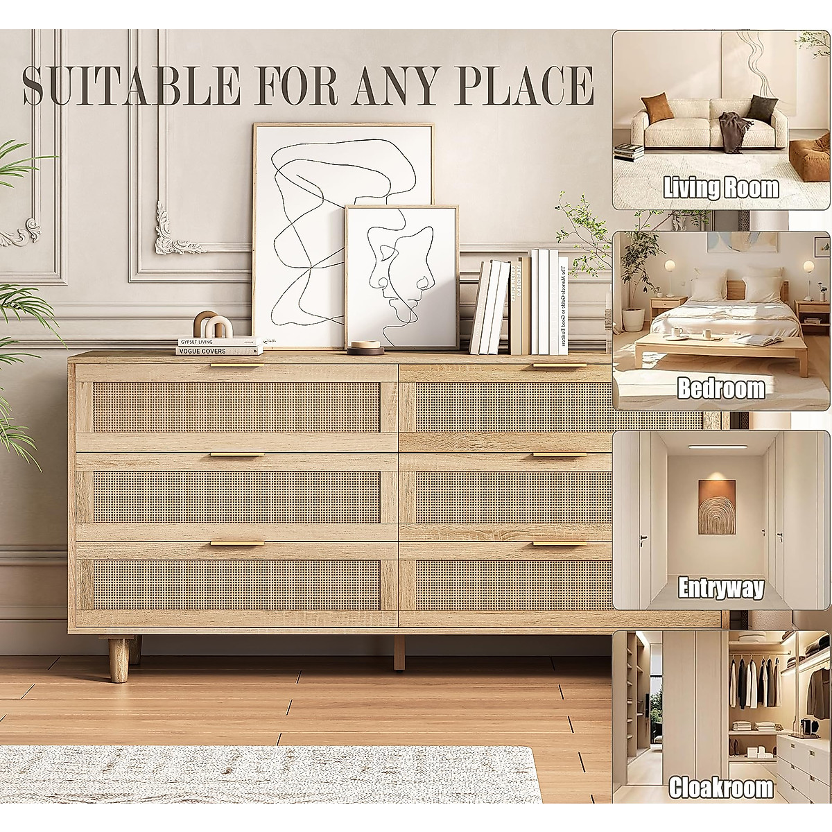 6 Drawer Double Dresser for Bedroom,Natural Rattan Modern Drawer Chest,Wooden Storage Wardrobe Dresser with Gold Handles,Floor Standing Storage Cabinet, for Entrance,Living Room,Hallway-Natural