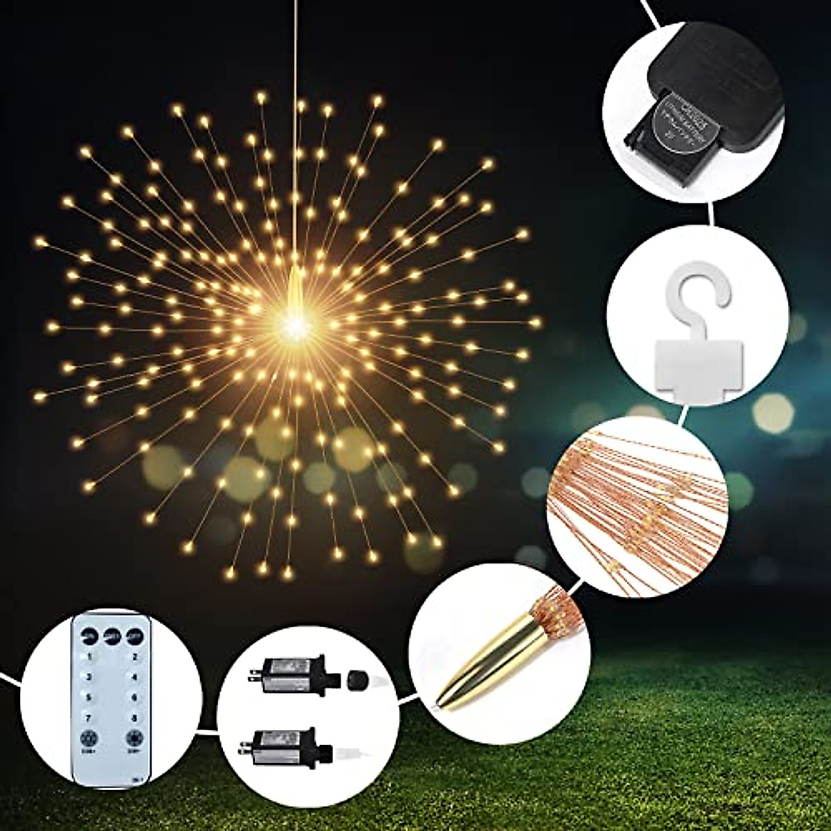 PXBNIUYA 5 Pack 1000LED Plug in Starburst Sphere Lights,Firework Lights 8 Modes Dimmable Remote Control Waterproof Hanging Fairy Light, Copper Wire Lights for Patio Party Tent Christmas (Warm White)