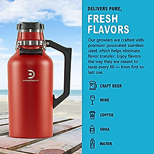 DrinkTanks Craft Growler, Passivated Stainless Steel Growlers for Beer, Leakproof and Vacuum Insulated Beverage Tumbler, Easy-to-Use Soda, Wine, or Coffee Tumbler with Handle, Crimson, 64 Oz