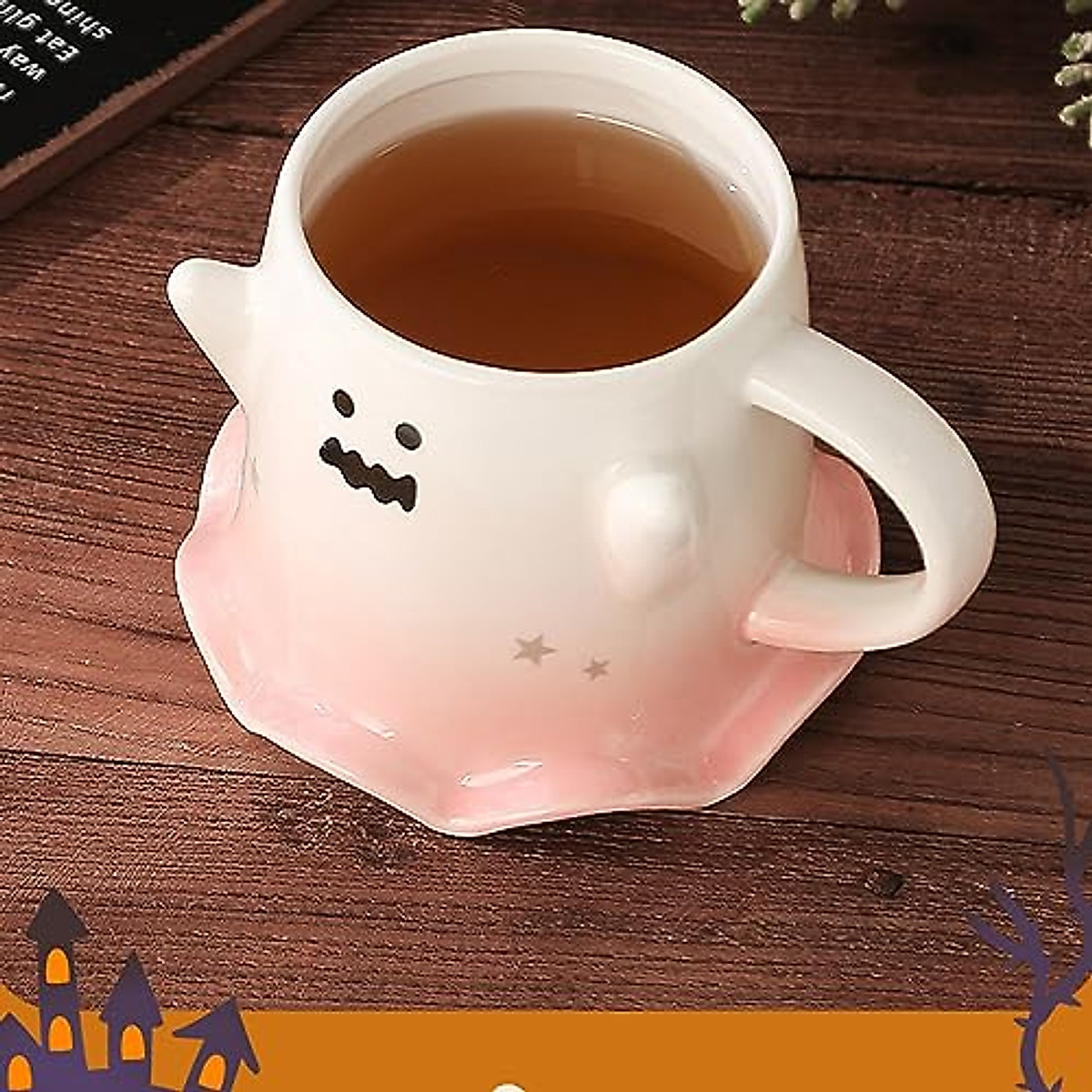 IVYDREVER Pumpkin Mug,Halloween Coffee Cups,Ceramic Coffee Mug, Cute Ghost Coffee Mug with Witch Hat Lid,Pumpkin Mug Ceramic Coffee Mugs and Tea Mug (Elf-Green+Pink)