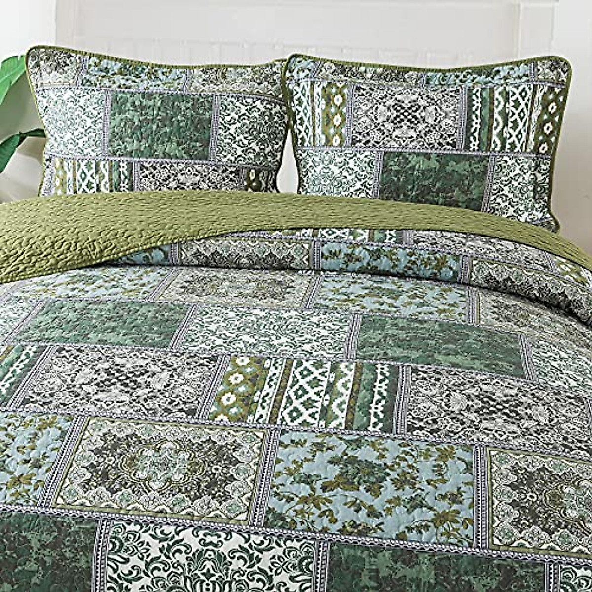 NEWLAKE Cotton Bedspread Quilt Sets-Reversible Patchwork Coverlet Set, Green Classic Bohemian Pattern,Queen Size