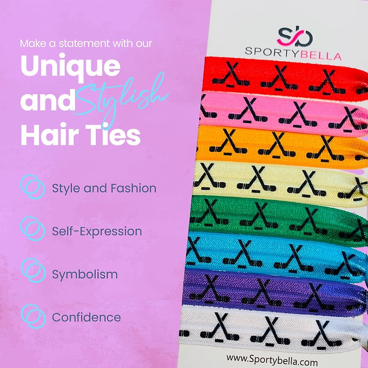 Sportybella Multicolored Hair Ties and Accessories - Elastic No-Crease Set for Girls, Ice Hockey Players & Teams. Ice Hockey Gifts, 8pcs.