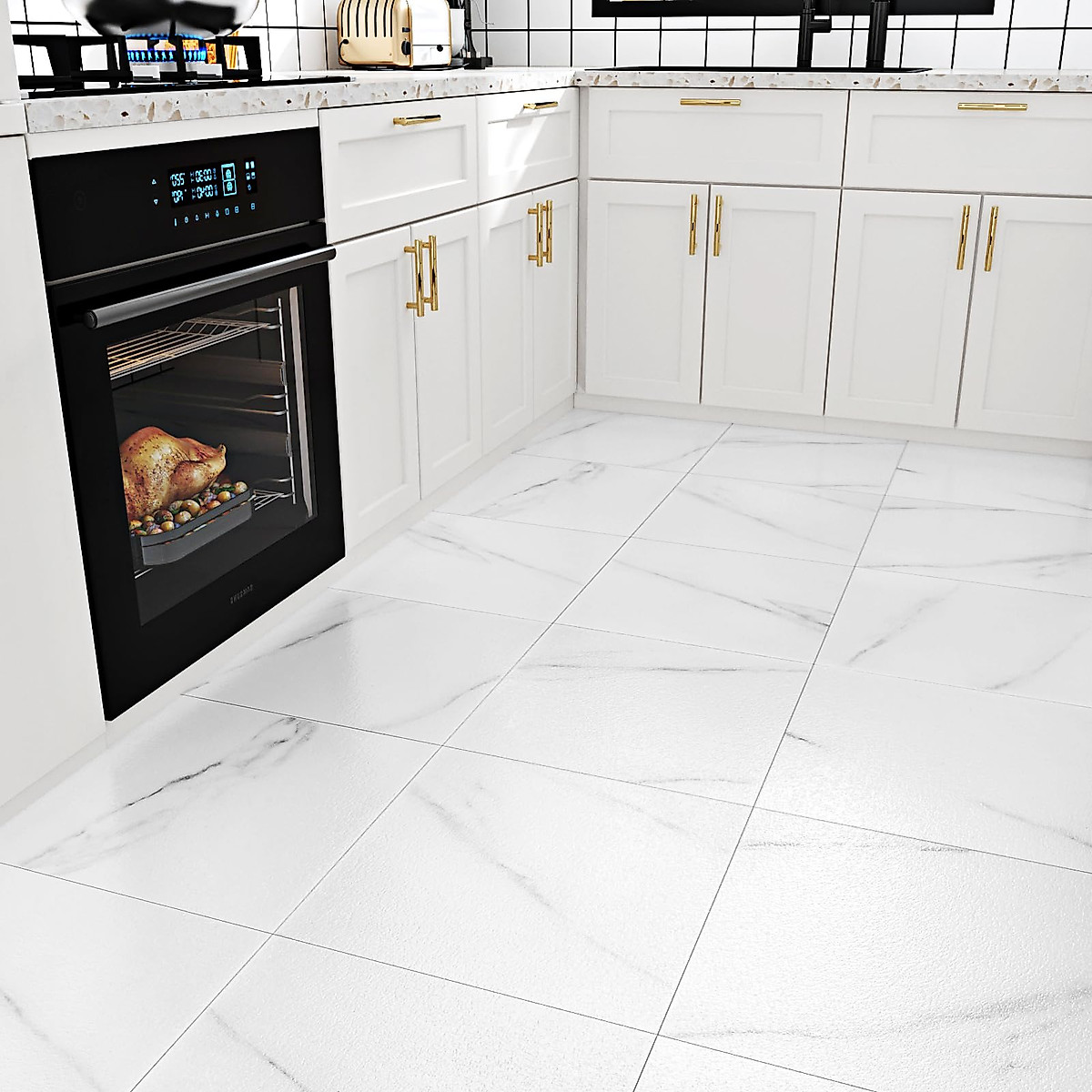 WESTICK 20 Pack Marble Peel and Stick Floor Vinyl Tiles - White, Waterproof, Thick Vinyl Flooring Sheets - Self Adhesive - 12" x 12" for Kitchen, Bathroom, Bedroom, Office