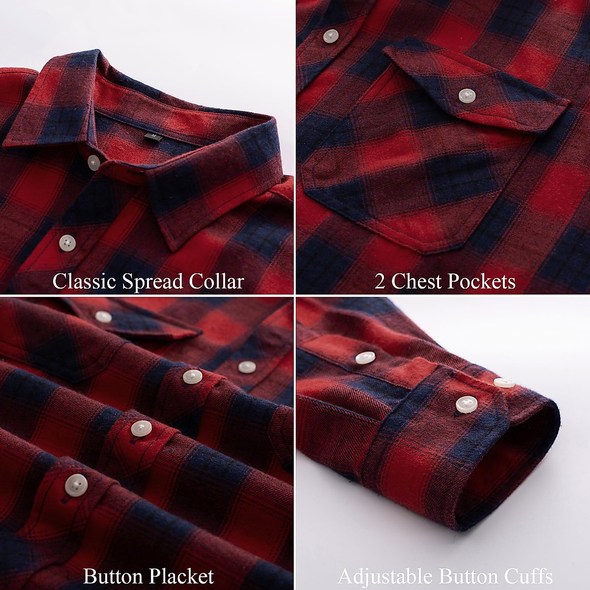 PJ PAUL JONES Mens Casual Button Down Shirts Flannel Plaid Cotton Regular Fit Long Sleeve Shirts Red Large