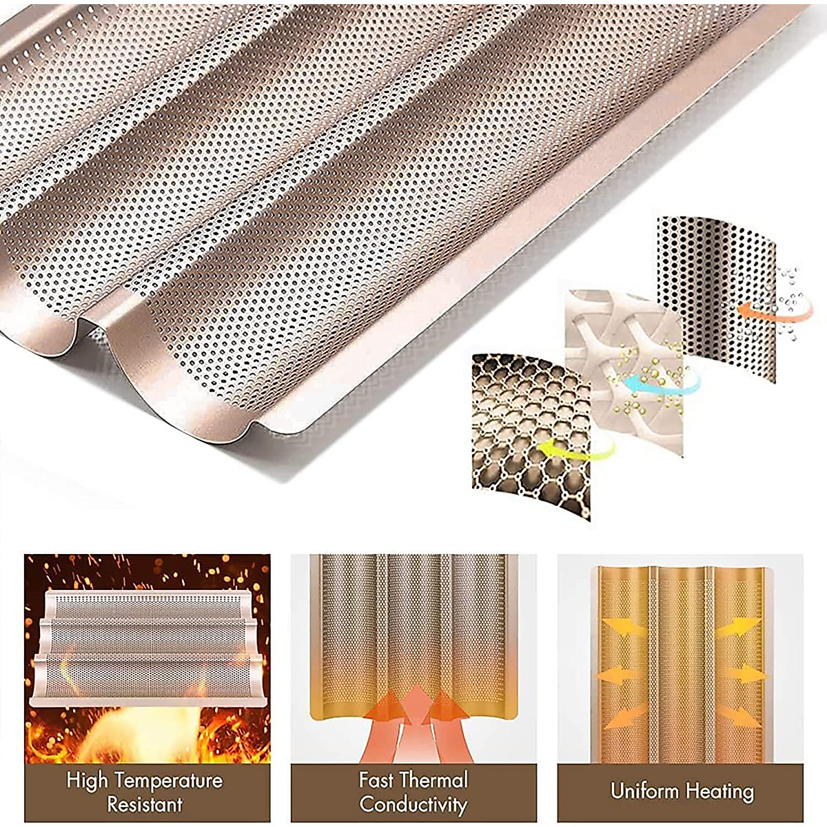 Baguette Pans for Baking 15" x 11", Carbon Steel 3 Loaf Nonstick Baguette Baking Tray for French & Italian Perforated French Bread Pan