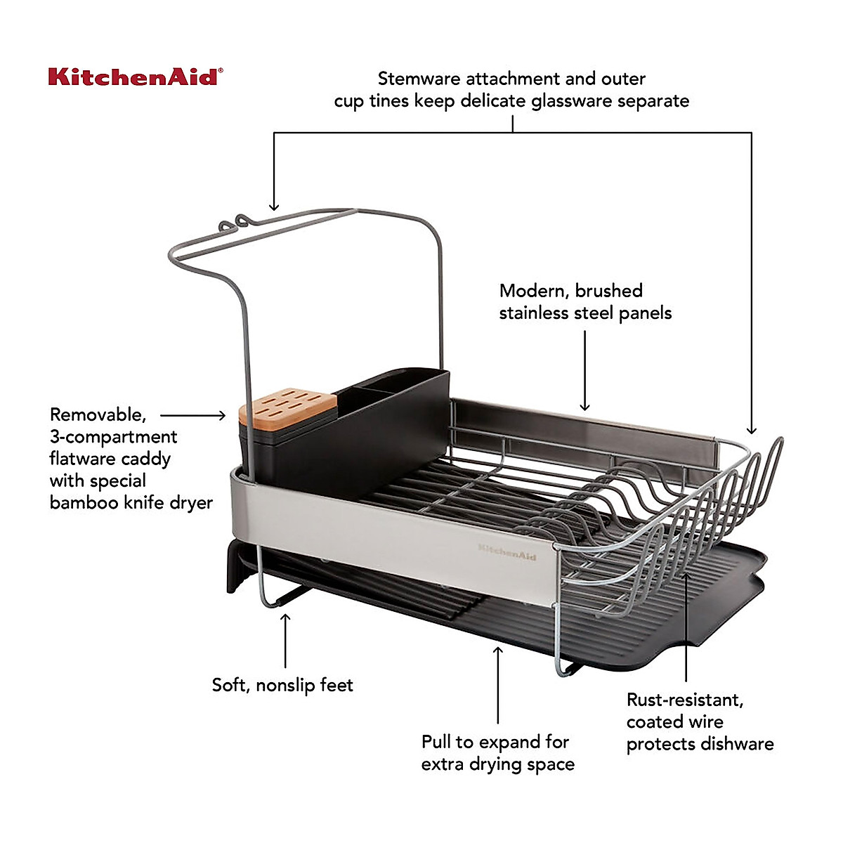 KitchenAid Full Size, Rust Resistant Expandable Dish Rack with Angled Self Draining Drainboard, 24-Inch, Black