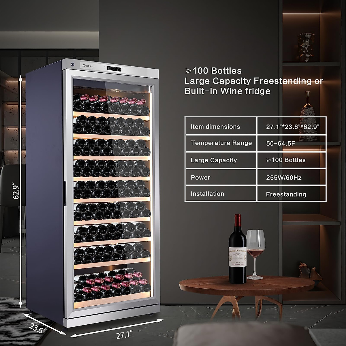 ZIEUN 357L Wine Cooler Refrigerator W/Lock- Stainless Steel, Upgraded Compressor Intelligent Digital Freestanding Wine cellar For Red, White Champagne or Sparkling Wine-Silver