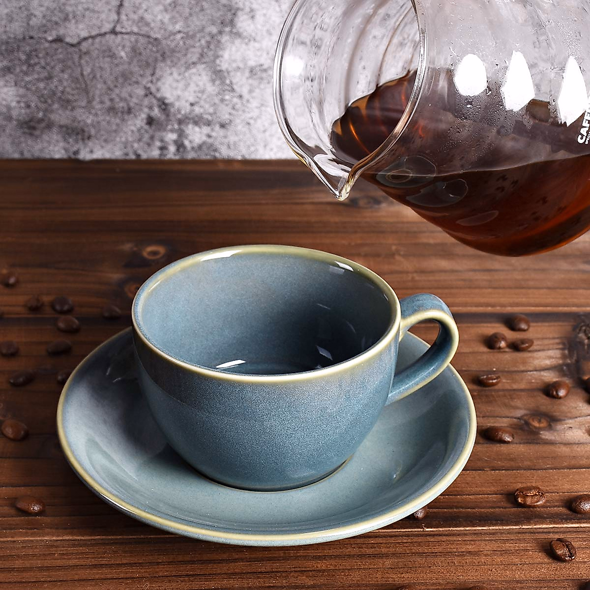 Bosmarlin Coffee Cup Mug with Saucer for Latte, Cappuccino, Tea, 8.5 Oz, Dishwasher and Microwave Safe, Reactive Glaze, 1 Pcs (Sage Green, 1)