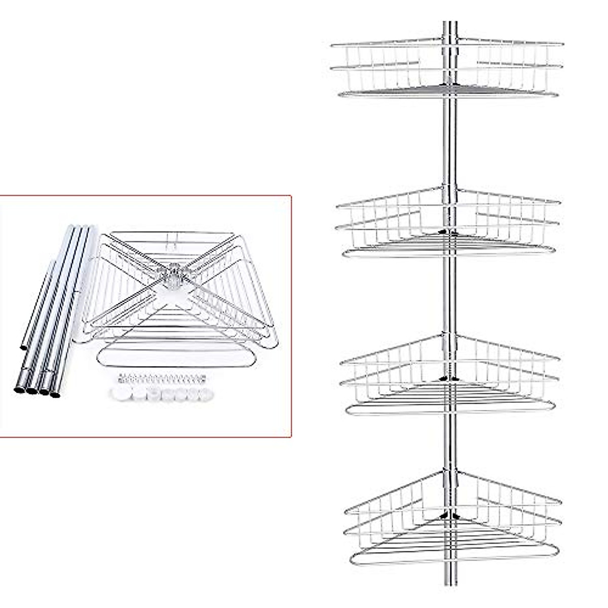 Gdrasuya10 4-Tier Bathroom Shower Shelf Rack storage basket with hook Constant Tension Corner Shower Caddy Shower Tension Pole Caddy 4-Shelf Rustproof Shower Tension Pole Caddy