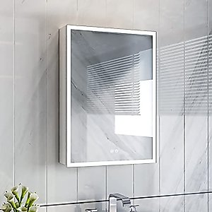 LALAHOO 20" x 28" Medicine Cabinet,LED Bathroom Medicine Cabinet with Outlet, Metal Wall Mounted Bathroom Cabinet with 3 Tier Storage Shelves, 3 Color Temperature Light