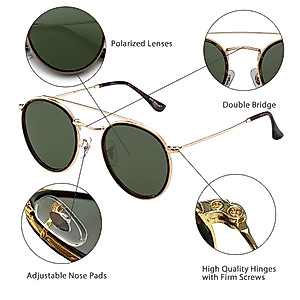 JIM HALO Small Polarized Round Sunglasses for Women Vintage Double Bridge Frame (Gold Frame/Polarized Green Lens)