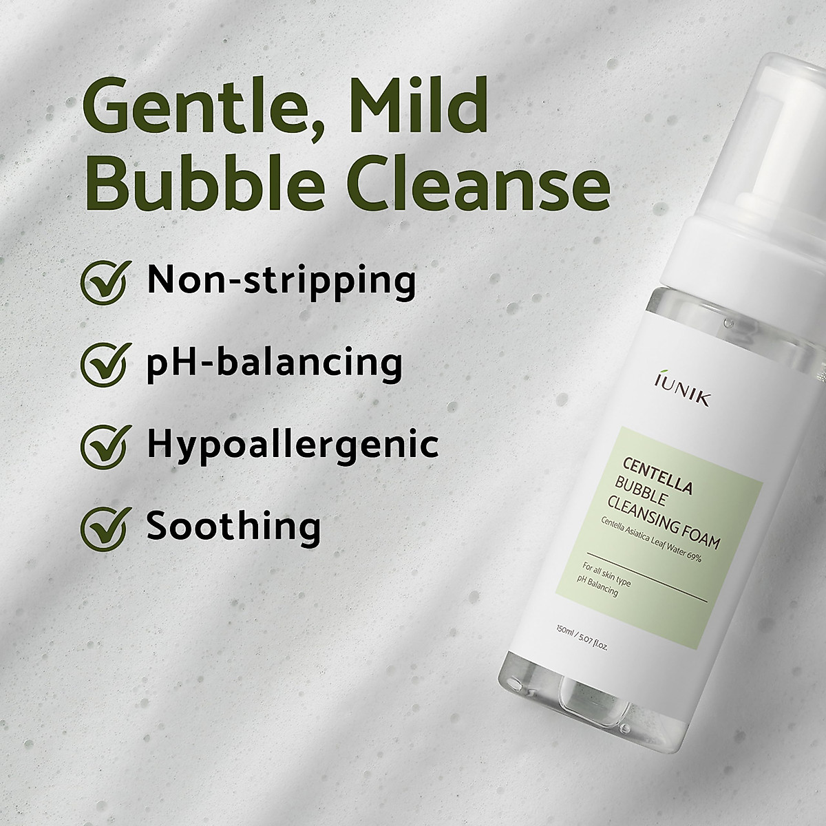 IUNIK Centella Bubble Foaming Vegan Facial Cleanser - 69% Centella Asiatica Extract, Soothing, Moisturizing, Exfoliating, Removes Pore Blackheads, Whiteheads, 5.07 Fl Oz