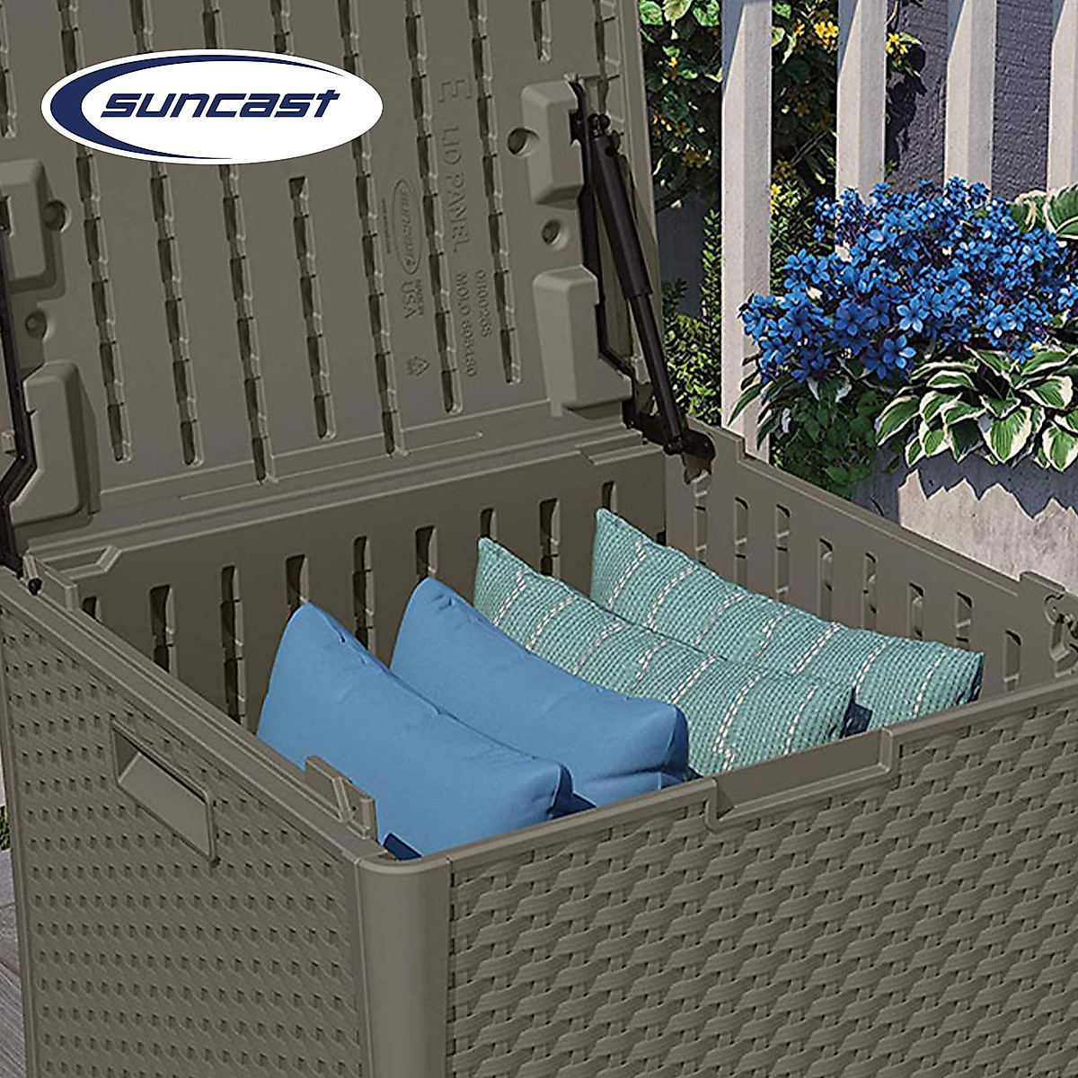 Suncast 60 Gallon Outdoor Weather Resistant Hard Plastic Storage Cube Deck Box Bin with Handles and Lid for Patio, Garden, or Shed, Stoney