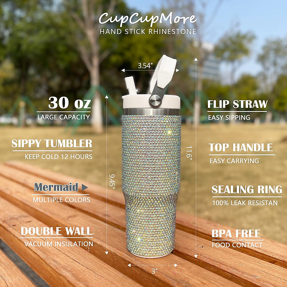 Cupcupmore Bling Mermaid Rhinestone Stainless Steel Tumbler 30oz Vacuum Insulated Water Bottle with Flip Straw & Lid &Handle, Leakproof Thermos Keeps Cold 12 Hours for Home, Office, Car, Gym, Travel