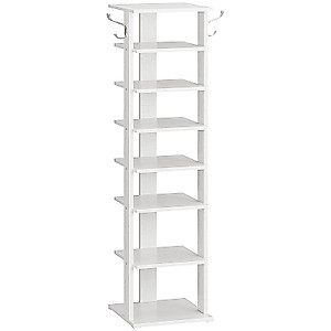 HOOBRO Vertical Shoe Rack, 8 Tier Wooden Shoe Storage Organizer with Hooks, Narrow Shoe Tower for 8 Pairs, Space Saving, for Entryway, Living Room, Bedroom, White WT07XJ01G1