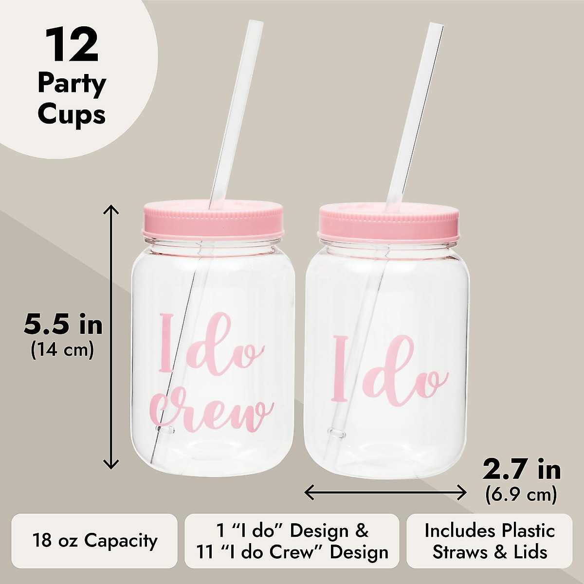 BLUE PANDA 12 Pack I Do Crew Bachelorette Party Cups with Lids, Pink Bridal Shower Mason Jar Gifts (18 oz)