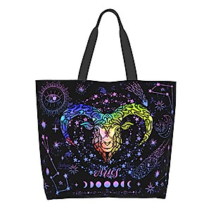 JASUTOT Aries Constellation Tote Bag Large Canvas Zodiac Sign Astrology Shoulder Tote Handle Bag For Gym Beach Weekender Travel Shopping