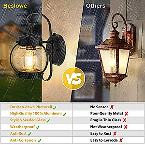 Dusk to Dawn Porch Light, Exterior Wall Sconces, Outdoor Light Fixtures Matte Black, Small Exterior Wall Lights with Seeded Glass, Waterproof Anti-Rust Wall Mount Lamp for Doorway Entryway, 2 Packs