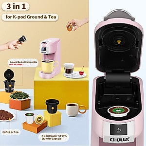 CHULUX Upgrade Single Serve Coffee Maker for K Cup & Ground Coffee, Pink Mini Single Cup Coffee Machine with One Touch Function, Fast Brewing in Minutes