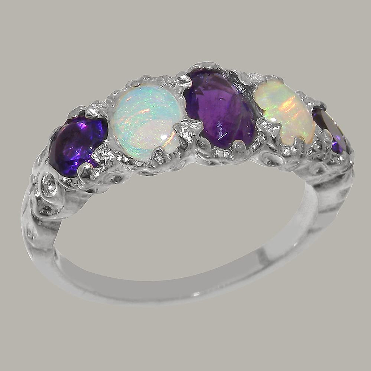 LBG 925 Sterling Silver Natural Amethyst & Opal Womens Band Ring - Size 12