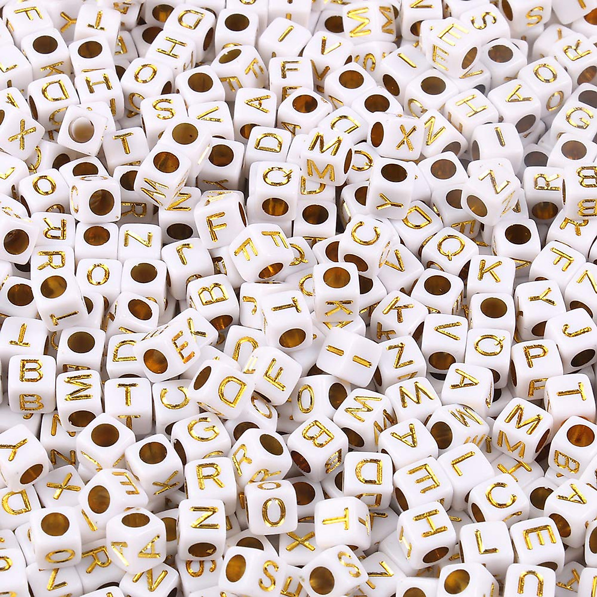 Acrylic Letter Beads Alphabet Gold Letters White Cube Bead, 6×6mm 1200pcs, for Friendship Bracelets and Gifts Souvenir Jewelry Making
