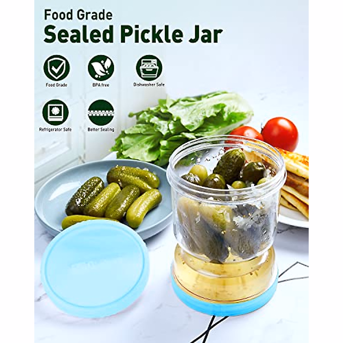 AIxibu Pickle Jar with Strainer Flip -2pcs (White+Blue)
