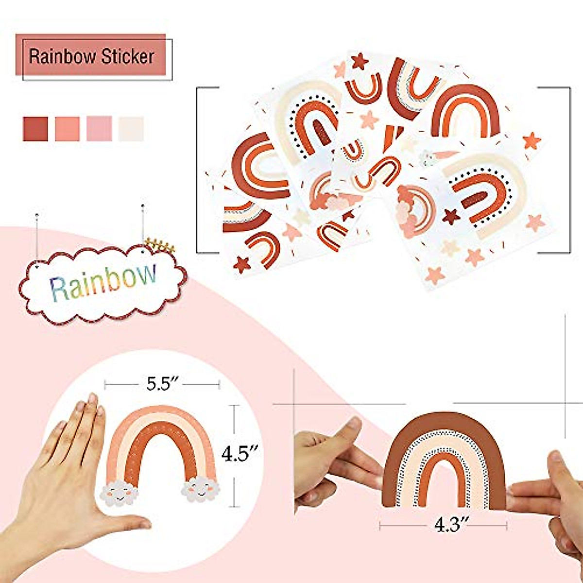 DrCor Boho Rainbow Wall Decal for Classroom Dorm Kids Room Nursery Rainbow Clouds Star Warm Earth Toned Wall Stickers Cute Home Decor，6 Sheets 10"x8"