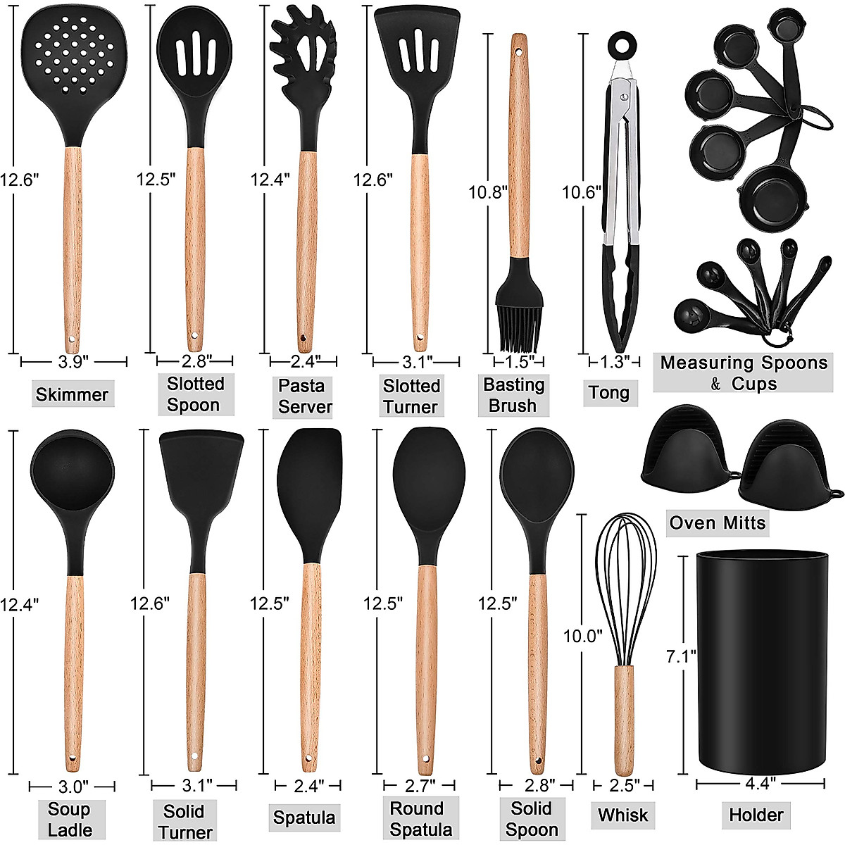 Homikit 25-Piece Kitchen Cooking Utensils Set with Holder, Silicone Spatula Spoon Ladle Turner Skimmer for Nonstick Cookware, Kitchen Tools Gadgets with Wooden Handle, Black