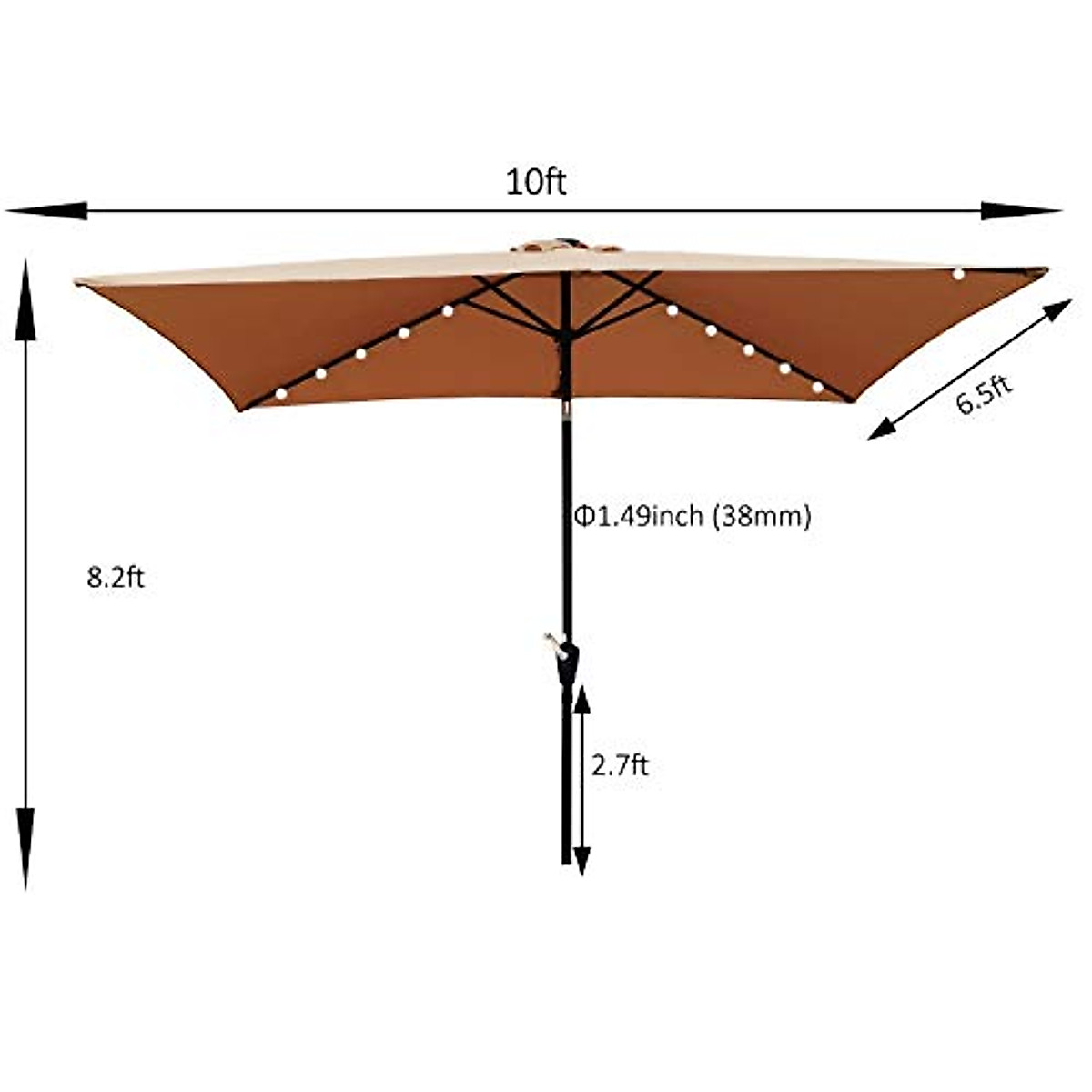 Wohh Patio Solar Umbrellas LED Lighted 10 x 6.5t Rectangular Umbrella Outdoor Market with Crank & Push Button Tilt for Garden Shade Outside Swimming Pool (Brown)