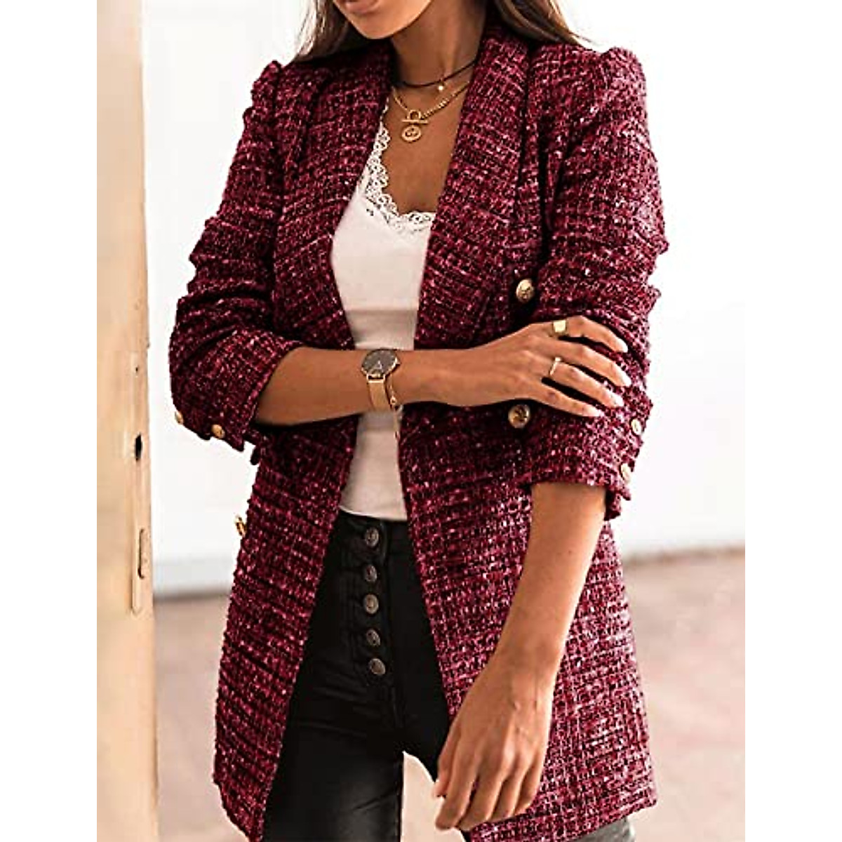 Lcucyes Women's Long Sleeve Blazer Suit Slim Fit Lapel Button Down Jacket Coats Work Office Bussiness Blazers Wine Red