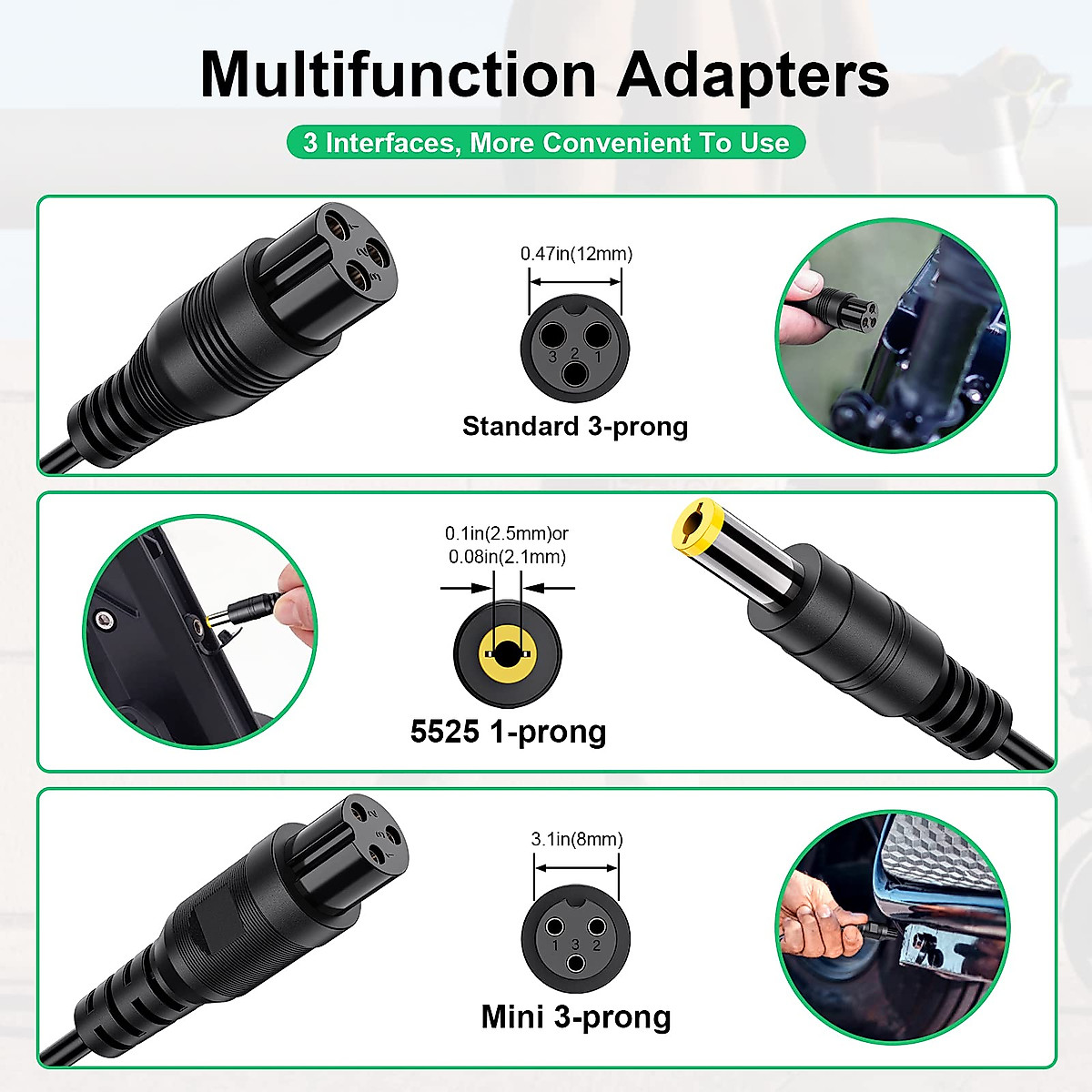 3 in 1 Replacement Charger for 2A 42v/36v 3 Claw (8mm/12mm) Female Port (5.5mm*2.5mm Universal 2.1mm) for, Jetson, Swagtron, Gotrax,Swagway,Razor