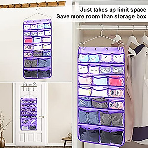 ANZORG Dual Sided Hanging Organizer for Jewelry Makeup Storage Closet Organizers for Bows Socks Underwear with 42 Clear Pockets (PURPLE)