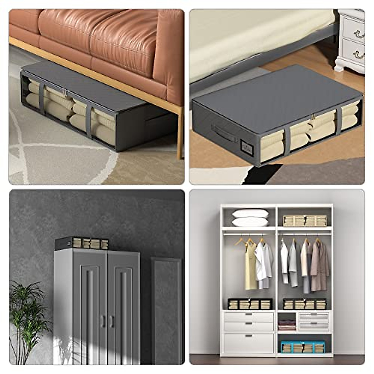 Under Bed Storage Bins - Clothes Storage Bags Underbed Container Foldable Large Capacity Thick Breathable Fabric Clothes Organizer for Clothing, Shoes, Blankets, Sweaters, Toys (Grey, 2 Pack)