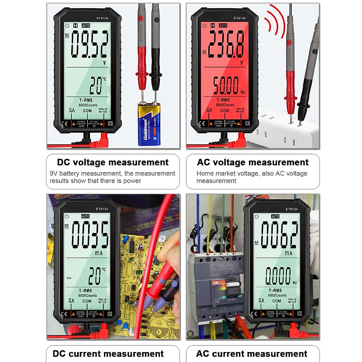 ET8134 Digital Multimeter Multi Function Voltage Current Meter 10A 600V LCD Display Automatic Multimeter with Alarm Function