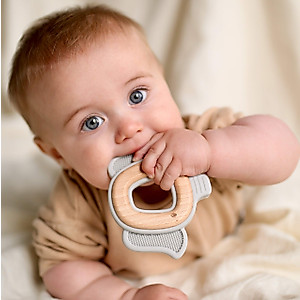 Nuby Natural Wood & Silicone Teether: Elephant, 3M+, Gray