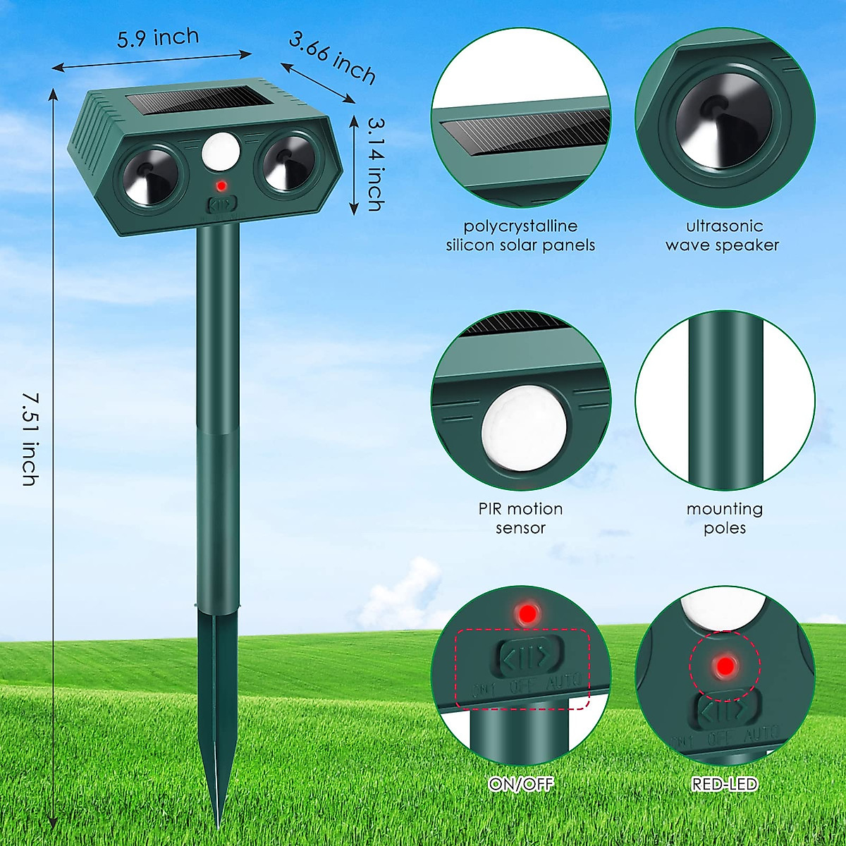 2 Pack Solar Ultrasonic Animal Repellent 2024 Outdoor Cat Deterrent with Motion Sensor for Cat Deer Rabbit Squirrel Skunk Dog, Waterproof Deer Repellent Devices Skunk Repellent for Yard Lawn Garden