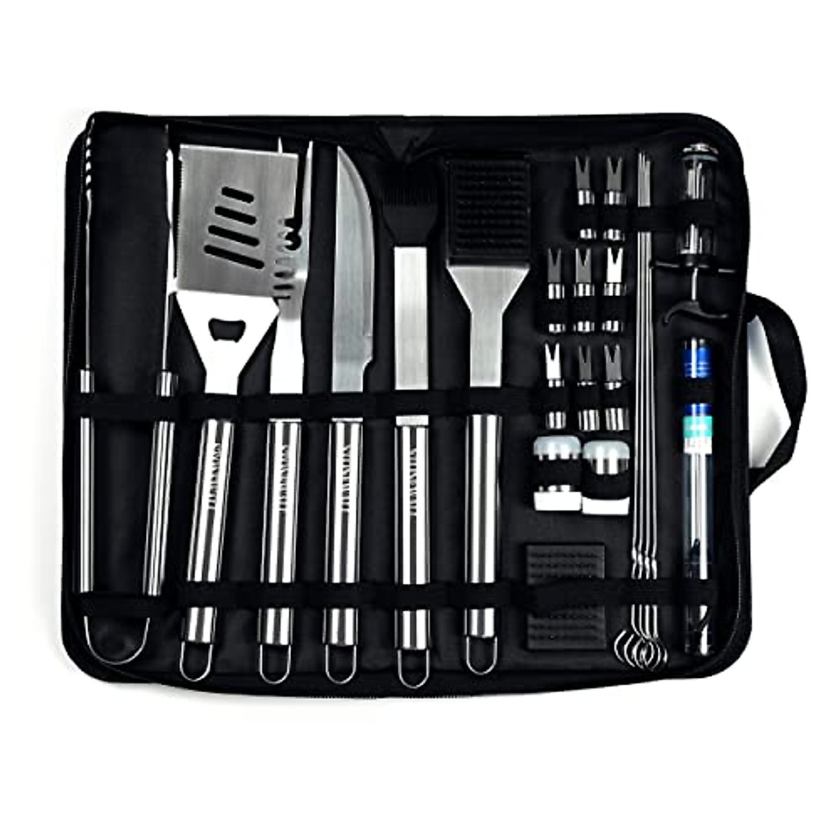 Stonewall Barbecue Grill Tool Set - Stainless Steel - Strong Durable Design - Heat Resistant Glove & Utensils - Thermometer, Meat Injector, Kebabs, & Corn Skewers - Perfect for Smokers & Grills