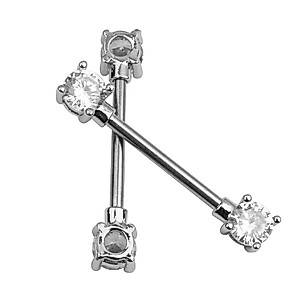 Pair of 14G Stainless Steel Nipple Rings Cubic Zirconia Tongue Ring Piercing Barbell Bar Body Jewelry for Women (Silver)