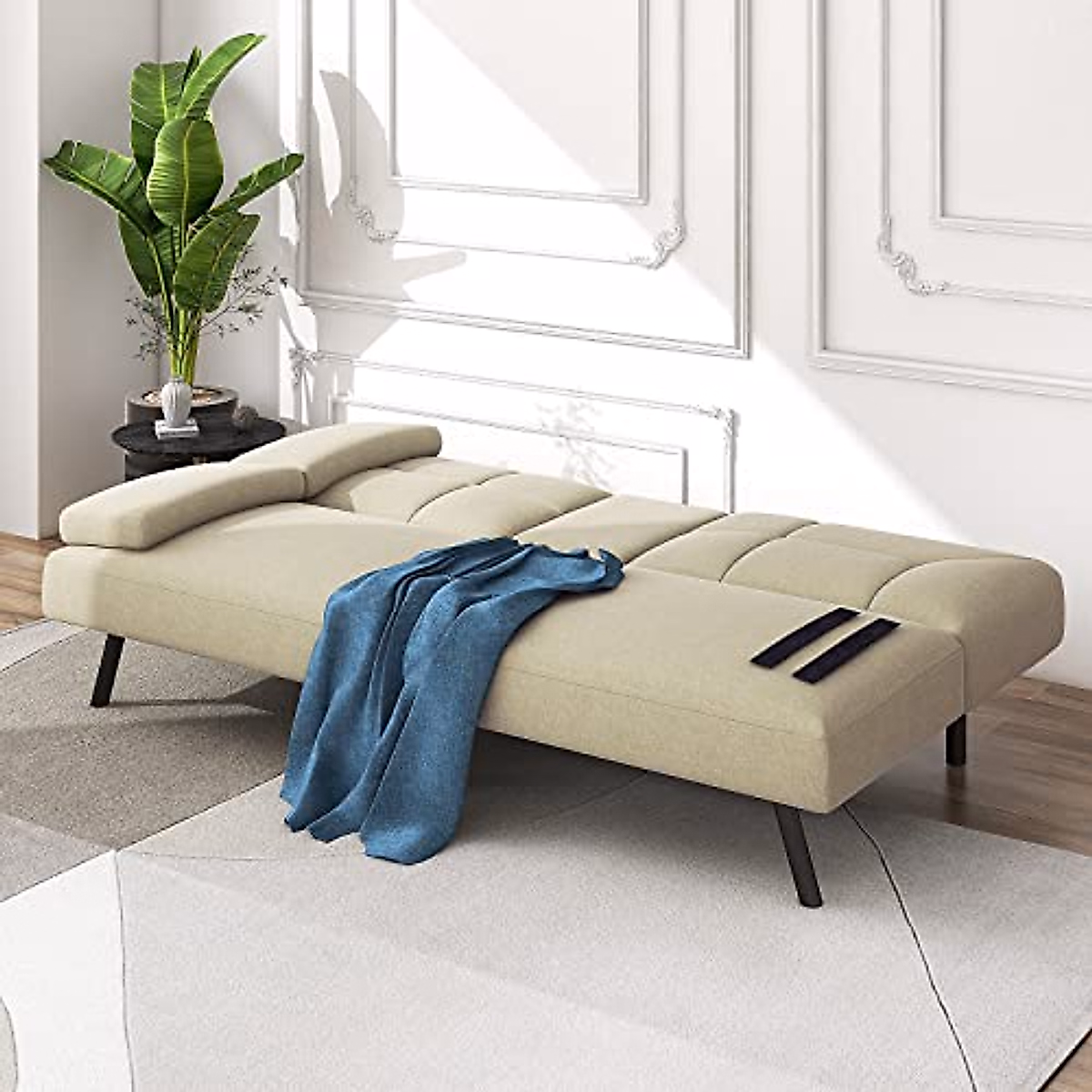 LIFERECORD Futon Sofa Bed Modern Linen Fabric Convertible Folding Lounge Couch Daybed for Living Room with 2 Cup Holders, Removable Soft Armrest and Sturdy Metal Leg, Khaki